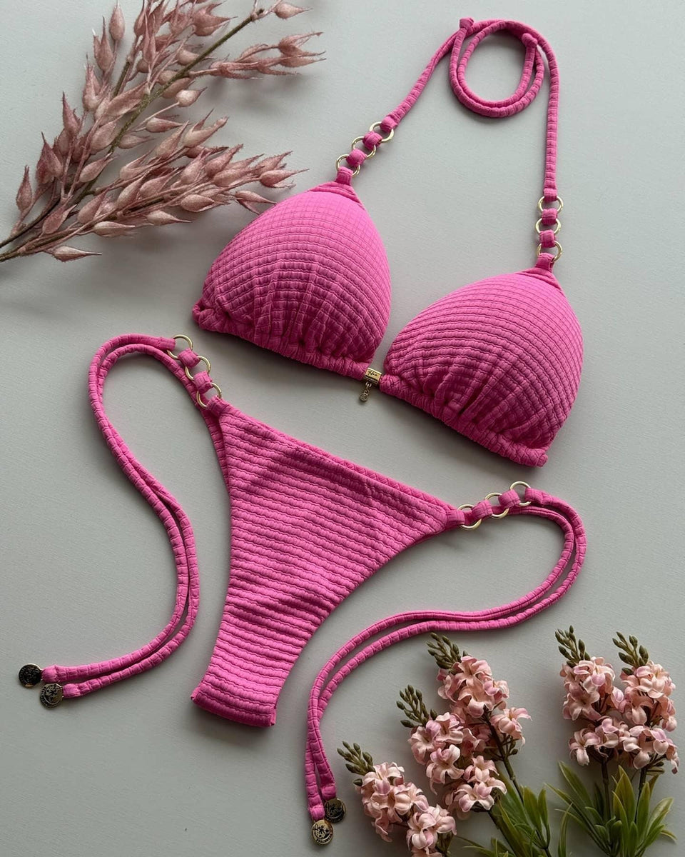 Biquíni Rosa Cortininha Lacinho 3 Argolas Calcinha Fio Duplo Ric